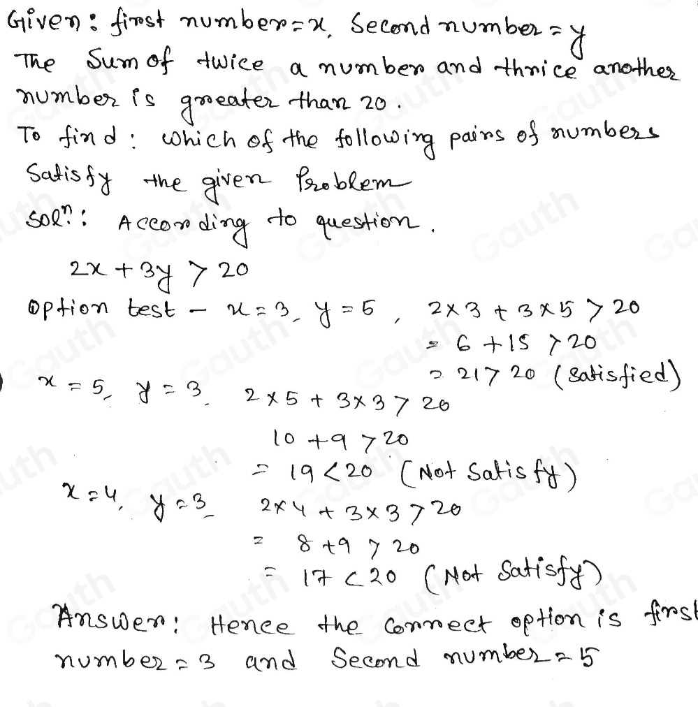 Solved: The sum of twice a number and 1 point thrice another number is ...