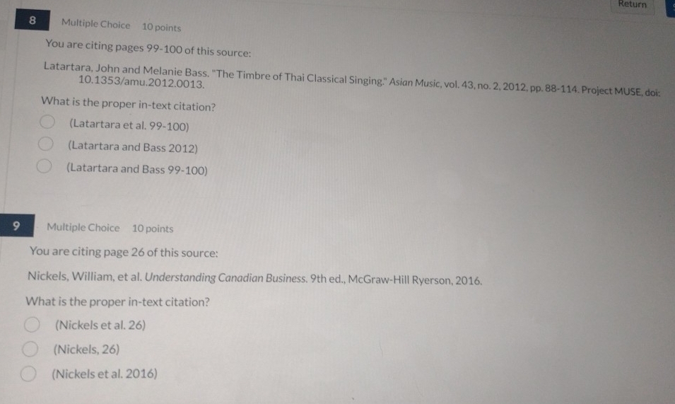 Solved: Return 8 Multiple Choice 10 points You are citing pages 99-100 of this source: Latartara ...