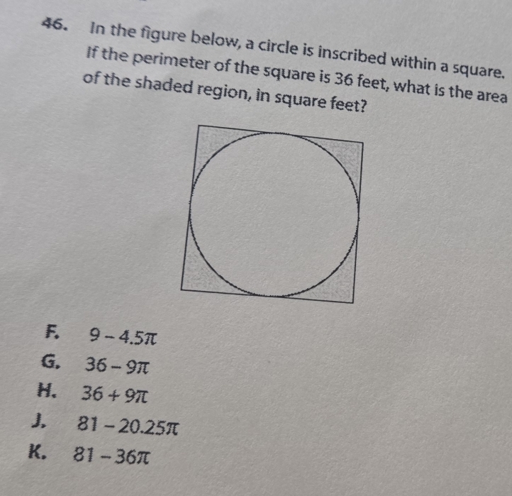 Solved: In the figure below, a circle is inscribed within a square. If ...