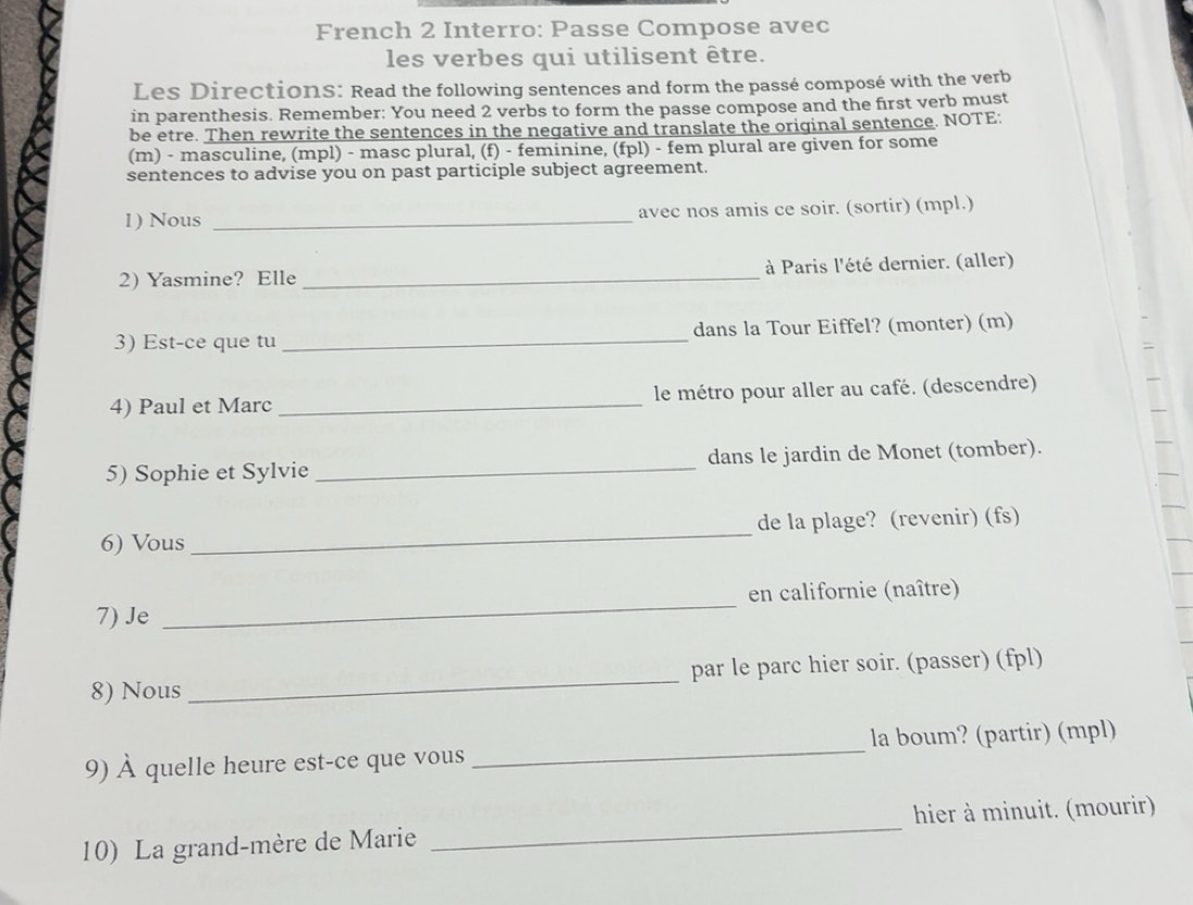 Solved: French 2 Interro: Passe Compose avec les verbes qui utilisent ...