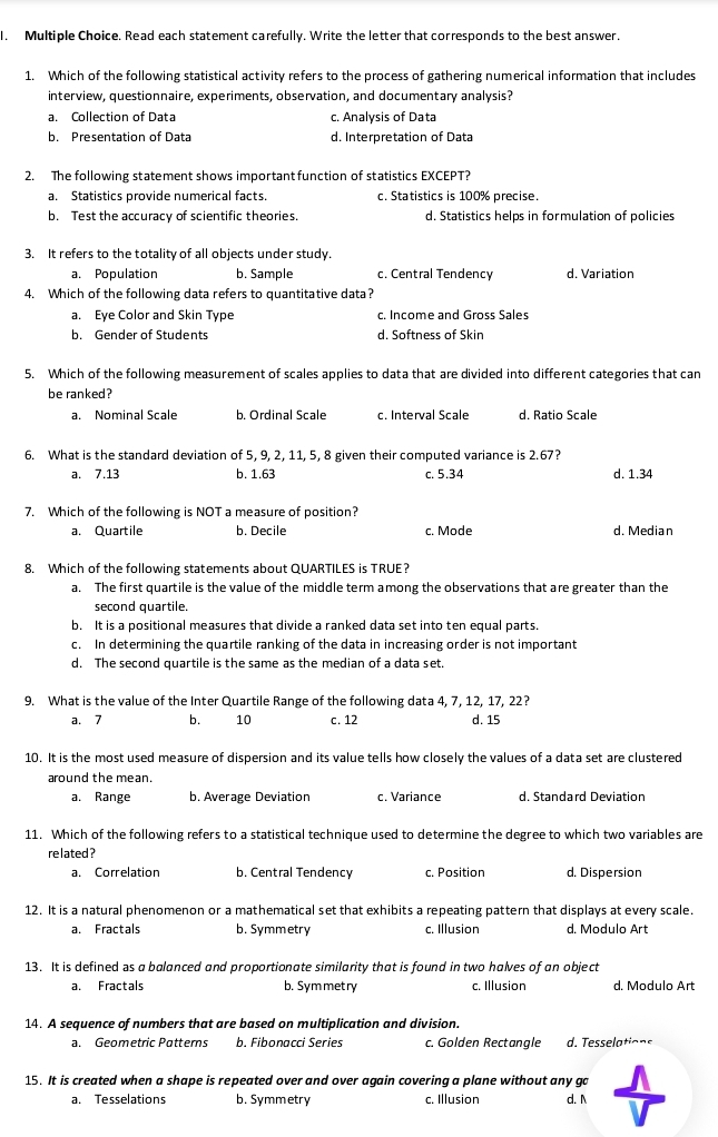 Solved: Read each statement carefully. Write the letter that ...
