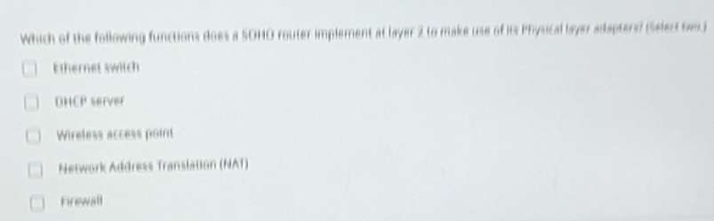 Solved: Which of the following functions does a SOHO router implement ...