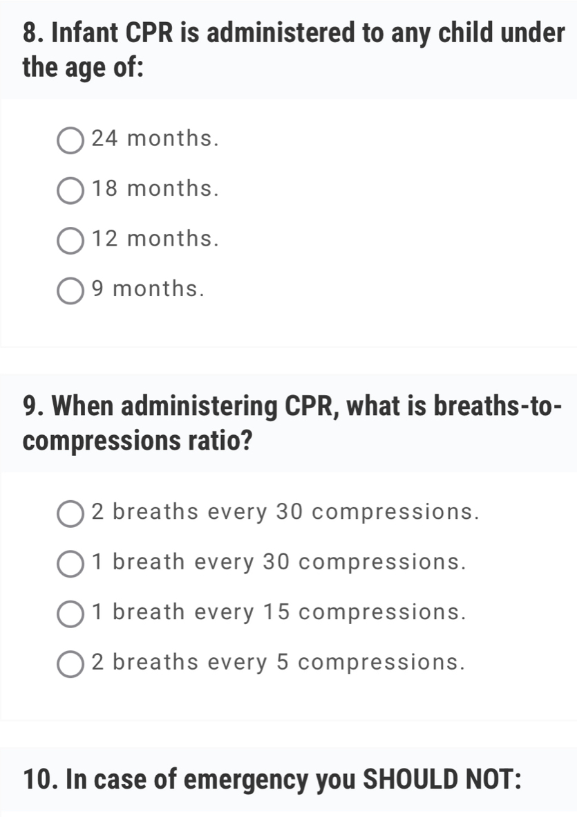 Solved: Infant CPR is administered to any child under the age of: 24 ...
