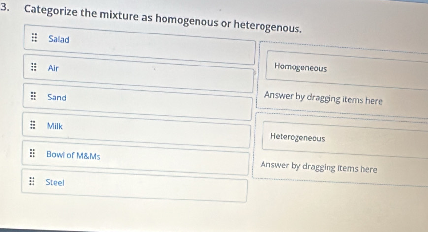 Solved: Categorize the mixture as homogenous or heterogenous. Salad Air ...