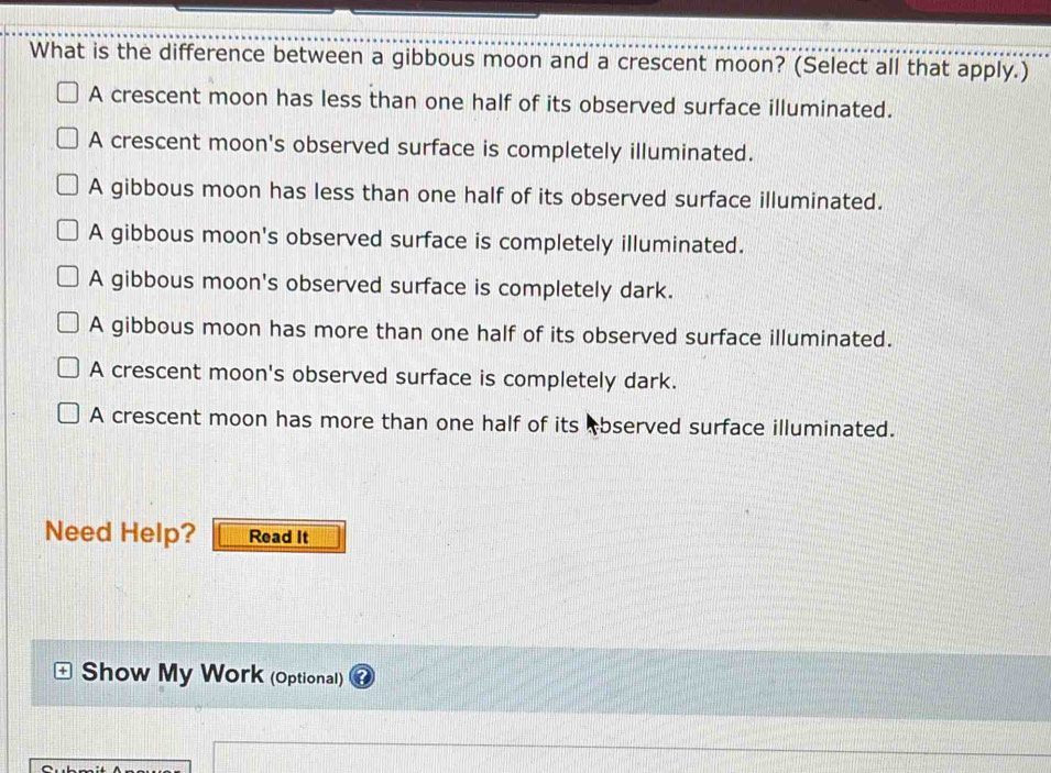 Solved: What is the difference between a gibbous moon and a crescent ...