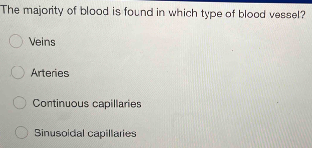 Solved: The majority of blood is found in which type of blood vessel ...