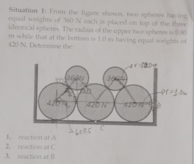Solved: Situation 1: From the figure shown, two spheres having equal weights of 360 N each is ...