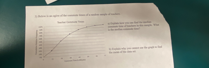 Solved: Below is an ogive of the commute times of a random sample of ...
