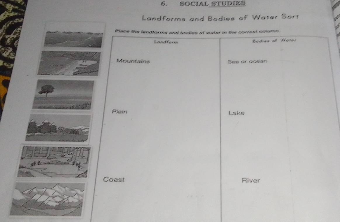 Solved: SOCIAL STUDIES Landforms and Bodies of Water Sort Place the ...