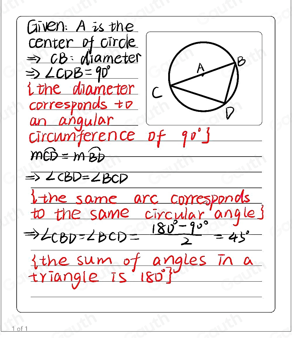 Solved: In circle A, arc CD is congruent to arc BD. What is the measure ...