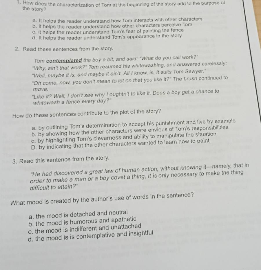 Solved: How does the characterization of Tom at the beginning of the ...