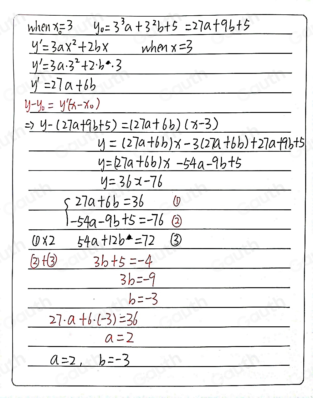 Solved: The curve y=ax^3+bx^2+5 has a tangent at the point where x=3 ...