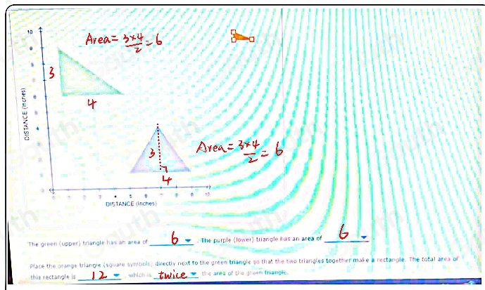 Solved: The green (upper) triangle has an area of_ . The purple (lower ...