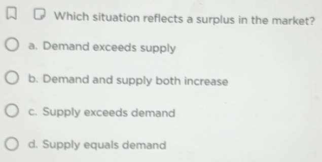 Solved: Which situation reflects a surplus in the market? a. Demand ...