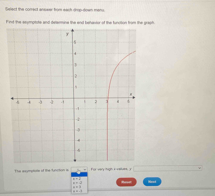 Solved: Select the correct answer from each drop-down menu. Find the asymptote and determine the ...