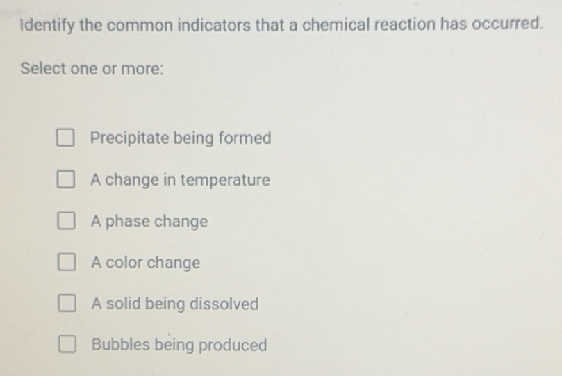 Solved: Identify the common indicators that a chemical reaction has ...