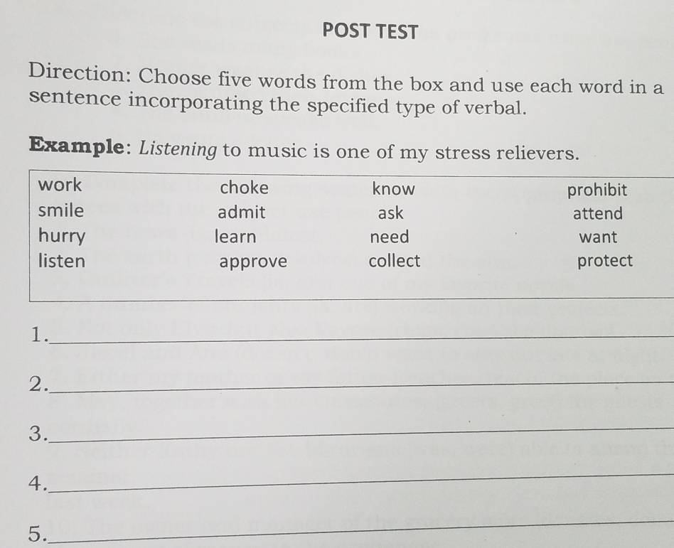Solved: POST TEST Direction: Choose five words from the box and use ...
