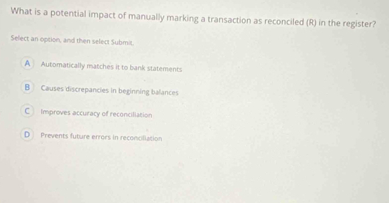 Solved: What is a potential impact of manually marking a transaction as ...