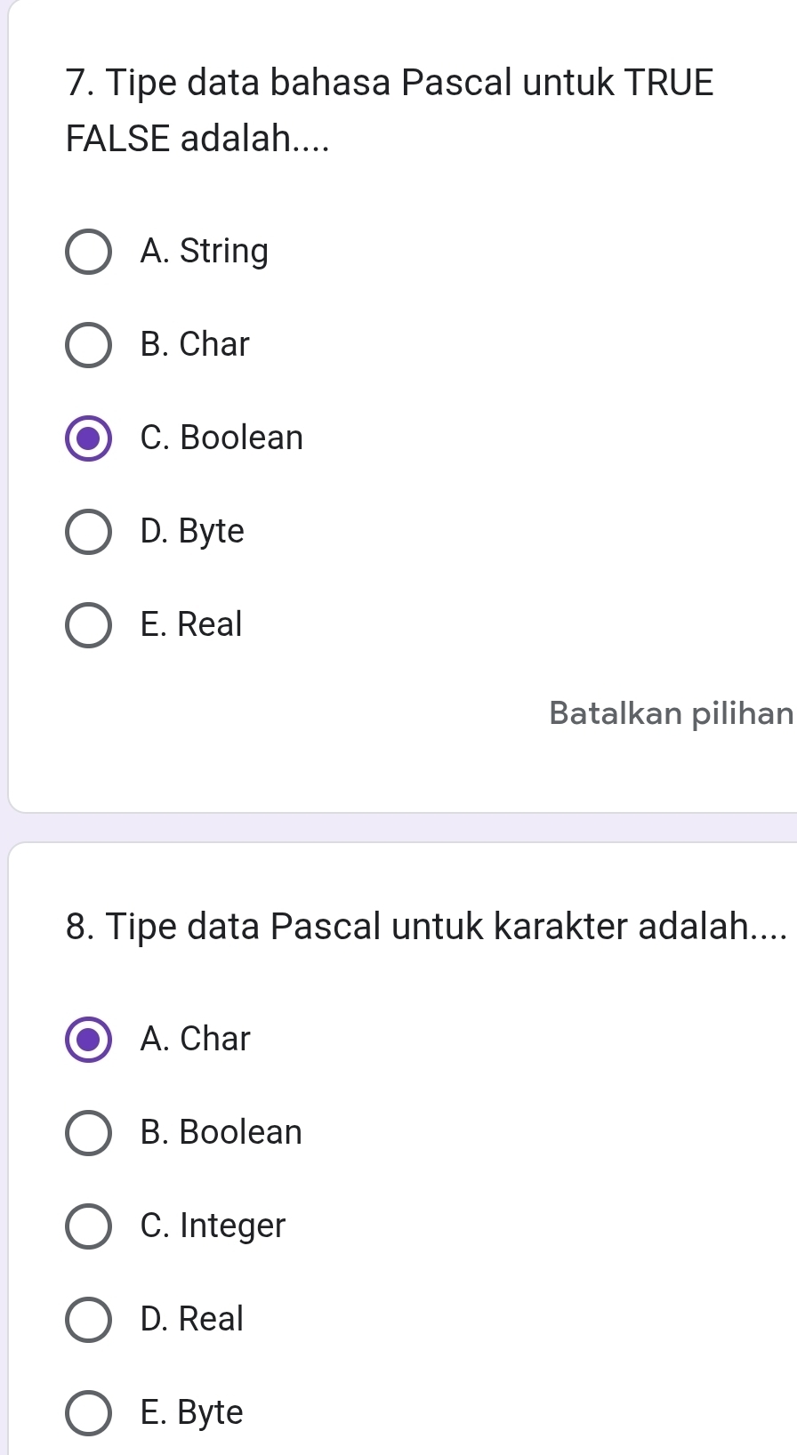 Telah dijawab:Tipe data bahasa Pascal untuk TRUE FALSE adalah.... A ...