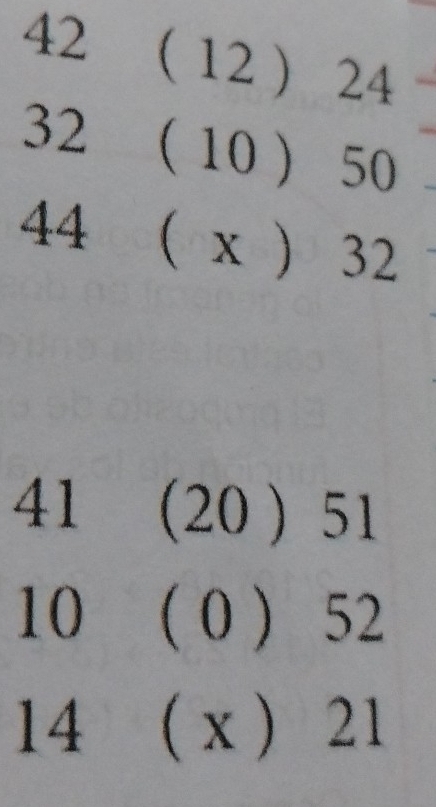 Resuelto:42 ( 12 ) 24 32 ( 10 ) 50 44 ( x ) 32 41 (20 ) 51 10 ( 0 ) 52 ...