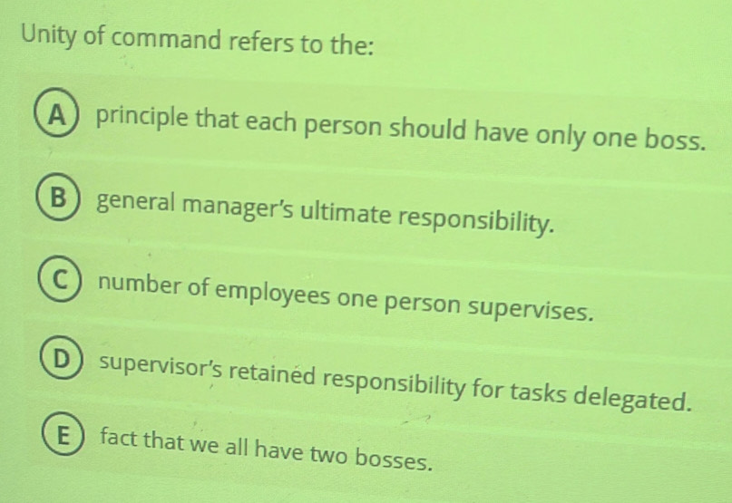 Solved: Unity of command refers to the: A principle that each person ...