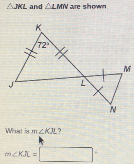 Solved: JKL and LMN are shown. What is m∠ KJL ？ m∠ KJL=. [Math]