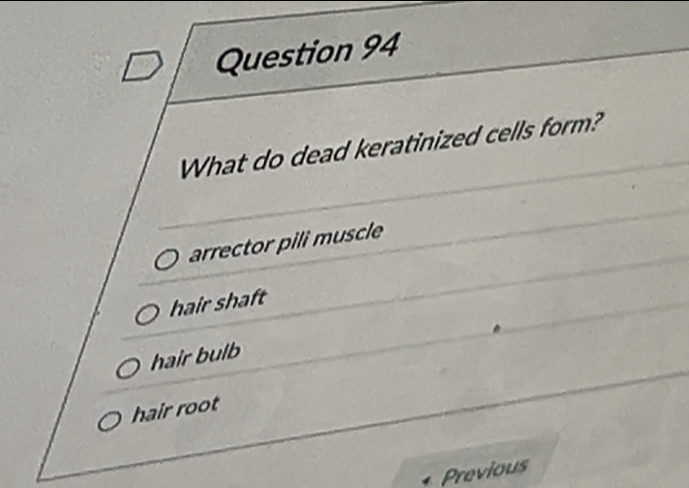 Solved: What do dead keratinized cells form? arrector pili muscle hair ...