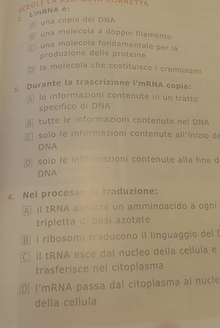 Solved: SCEGLI LA ORRETTA 2. L'mRNA è: una copia del DNA una molecola a ...