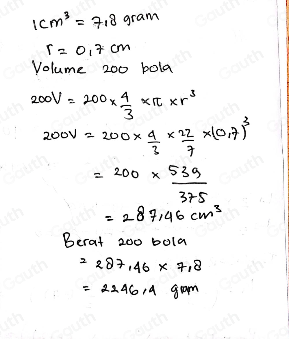 Telah dijawab:Berat setiap 1cm^3 bola besi 7,8 gram. Jika terdapat 200 ...
