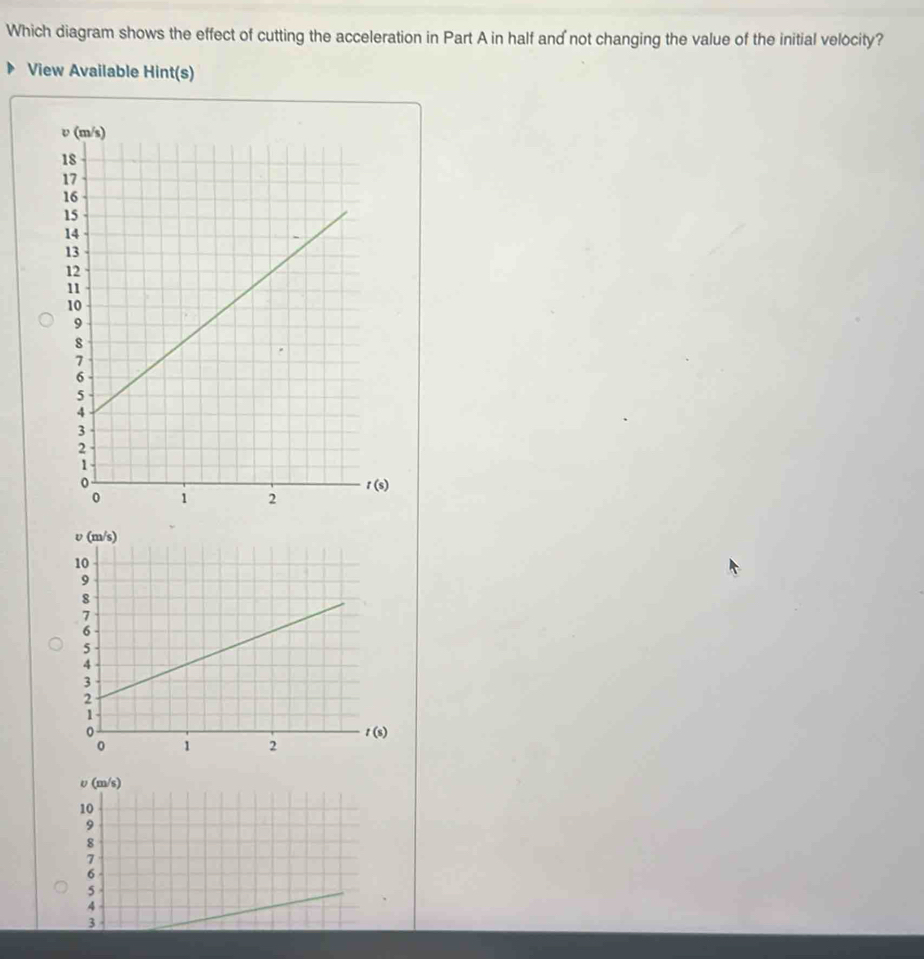 Solved: Which diagram shows the effect of cutting the acceleration in Part A in half and not ...