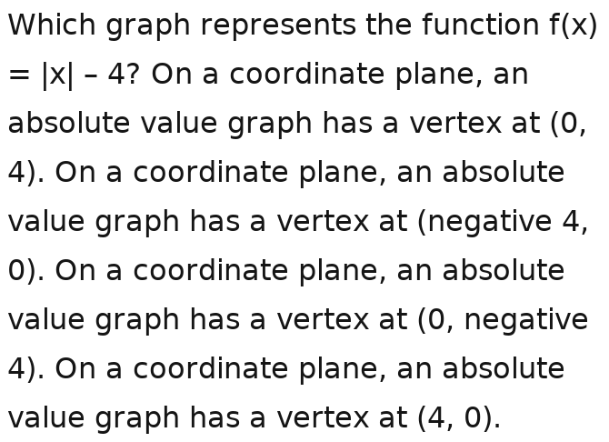 Solved: Which graph represents the function f(x) =|x|-4=x|-4 ? On a ...