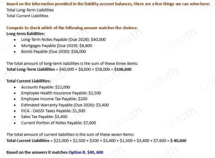 Solved: Refer to the following list of liability account balances at December 31, 2025. Accounts ...