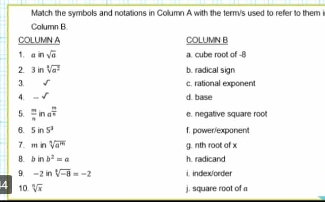 Solved: Match the symbols and notations in Column A with the term/s ...