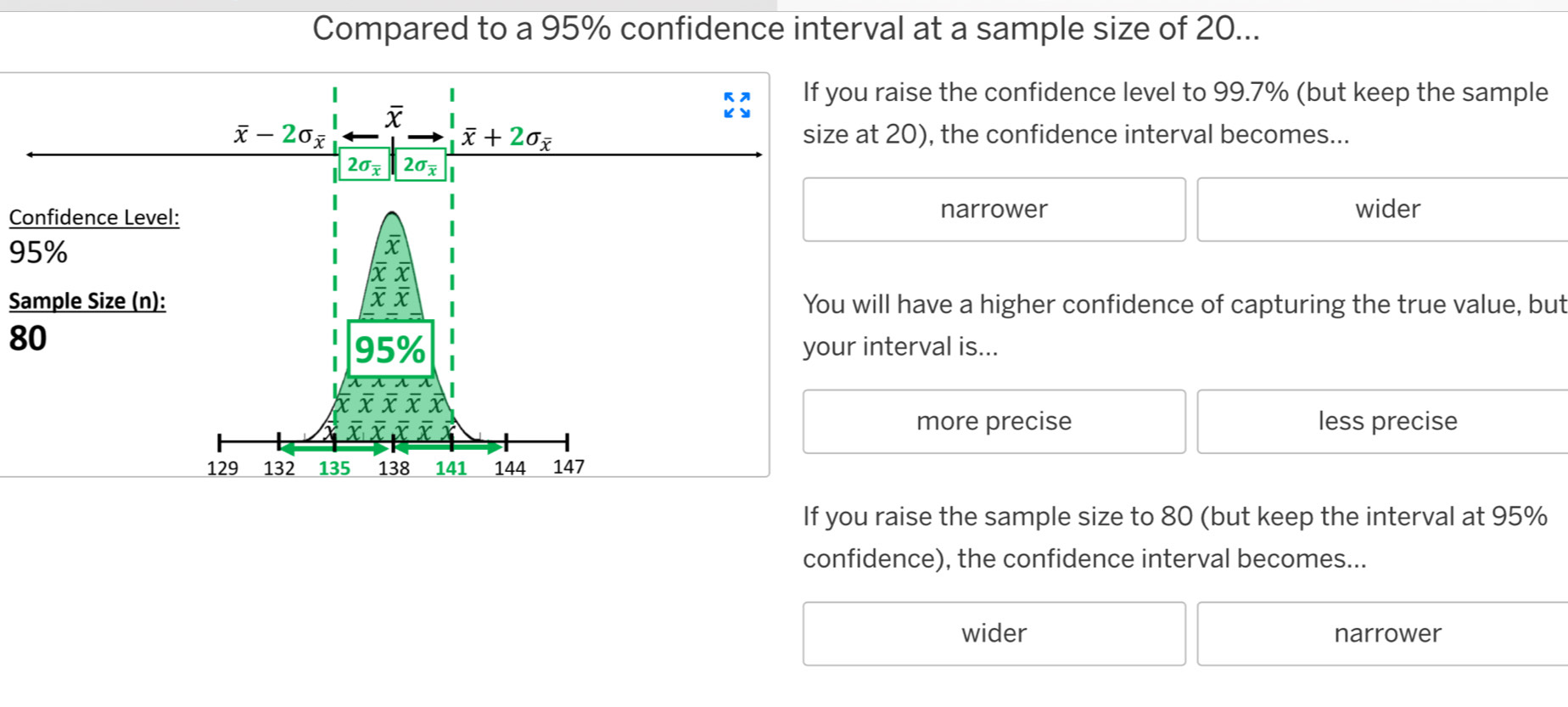 Solved: Compared to a 95% confidence interval at a sample size of 20 ...