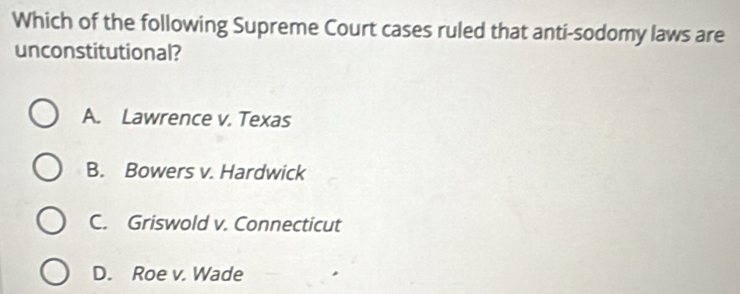 Solved: Which of the following Supreme Court cases ruled that anti ...