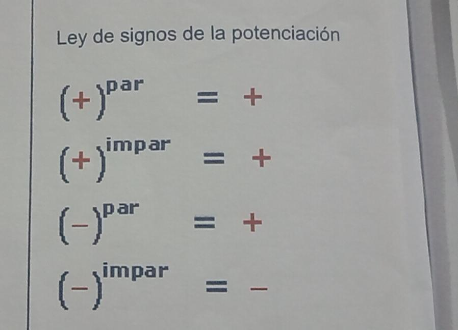 Resuelto:Ley de signos de la potenciación (+)^par=+ (+)^impar=+ (-)^par ...