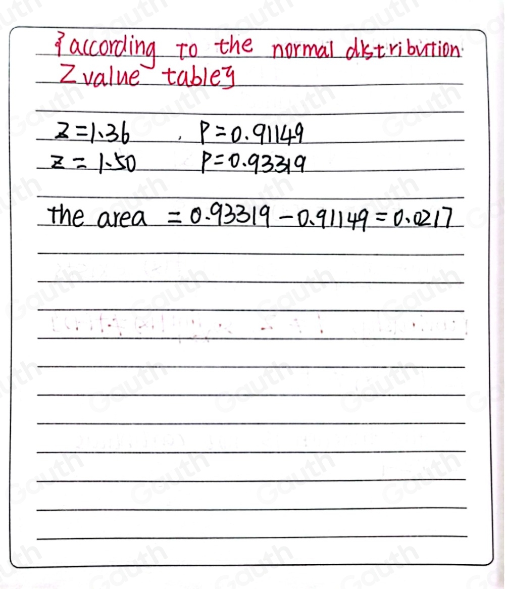 Solved: Find the area between z=1.36 and z=1.50. [Math]