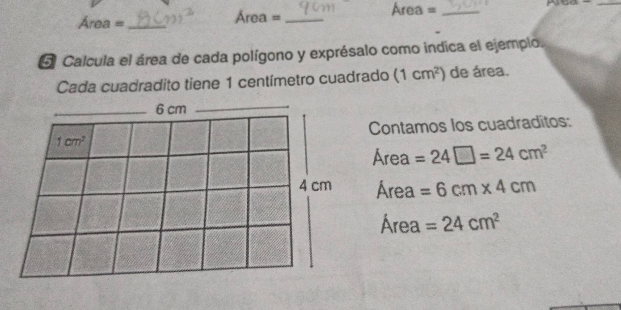 Resuelto:Área =_ _ Area= Area= _ E Calcula el área de cada polígono y ...
