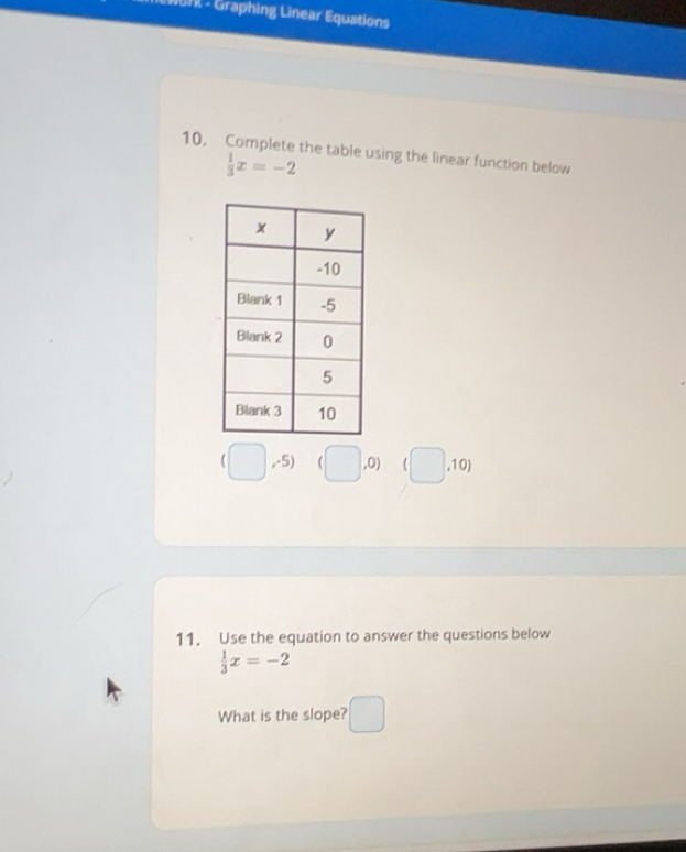 Solved: 101 - Graphing Linear Equations 10, Complete the table using ...