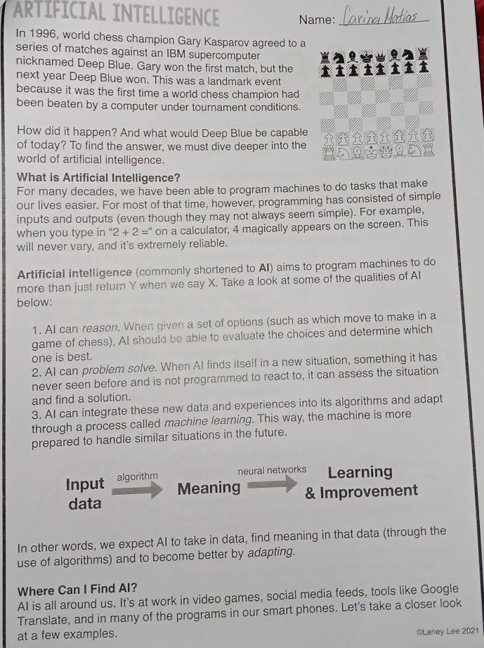 Solved: ARTIFICIAL INTELLIGENCE Name:_ In 1996, world chess champion ...