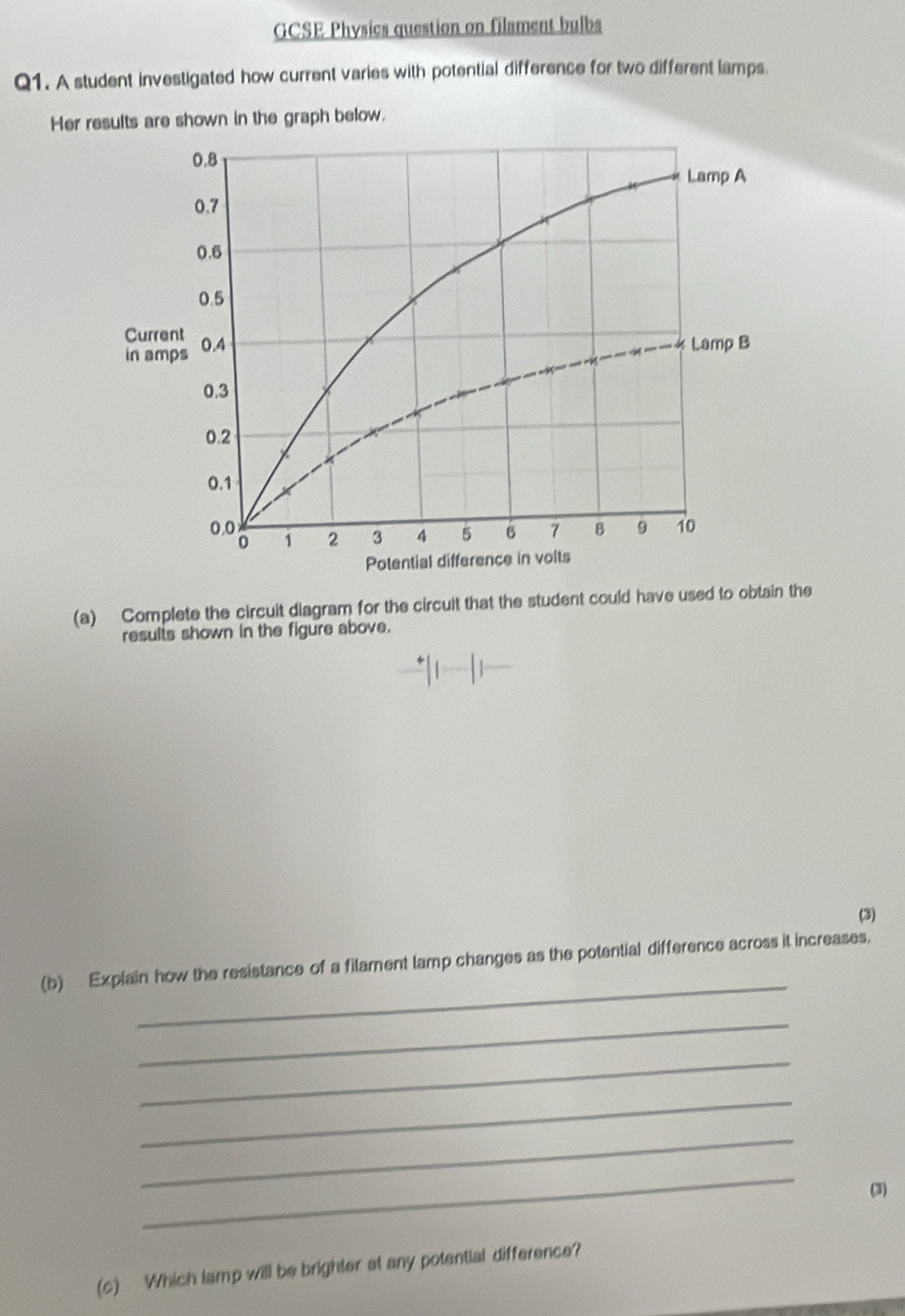 Solved: GCSE Physics question on filament bulbs Q1. A student ...