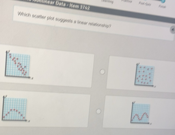 Solved: atá ng Nohlinear Data - Item 3742 Ficide Which scatter plot suggests a linear relations ...