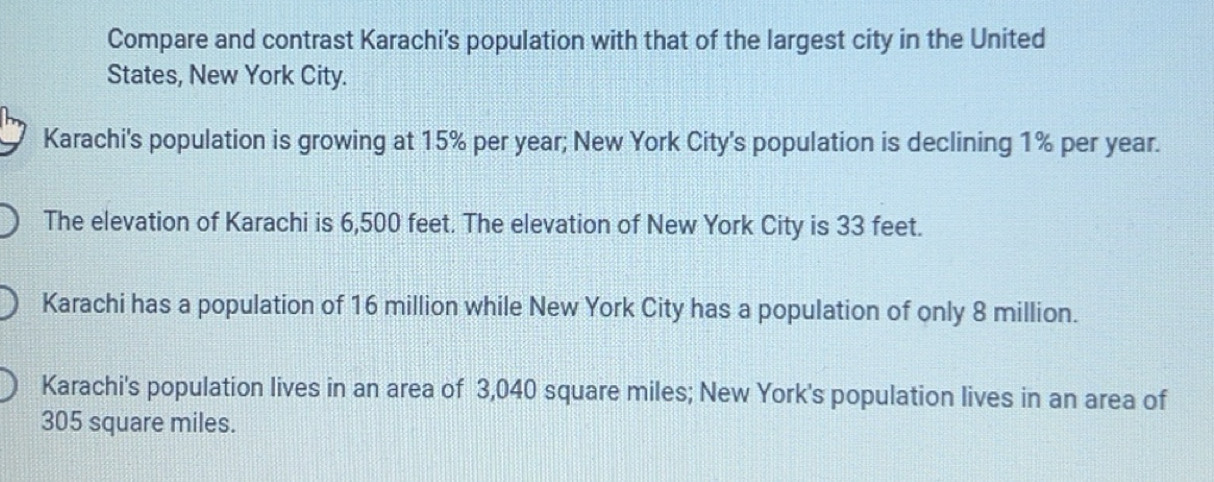 Solved: Compare and contrast Karachi's population with that of the ...
