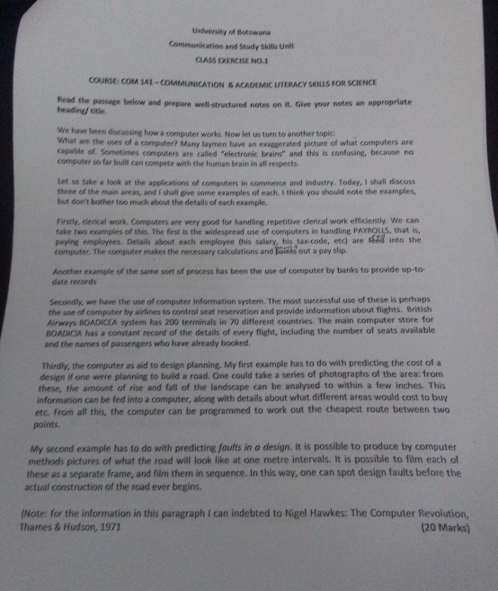 University of Botswana Communication and Study Skills Unit CLASS ...