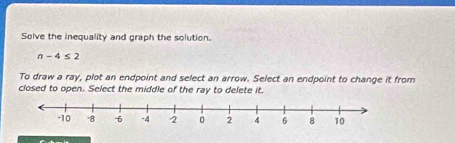 Solved: Solve the inequality and graph the solution. n-4≤ 2 To draw a ...