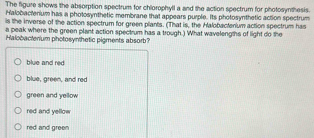 Solved: The figure shows the absorption spectrum for chlorophyll a and ...
