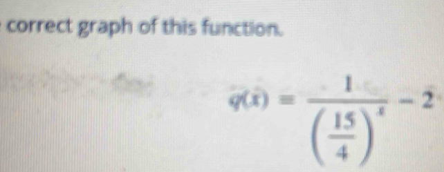 Solved: correct graph of this function. q(x)=frac 1( 15/4 )^x-2 [Math]