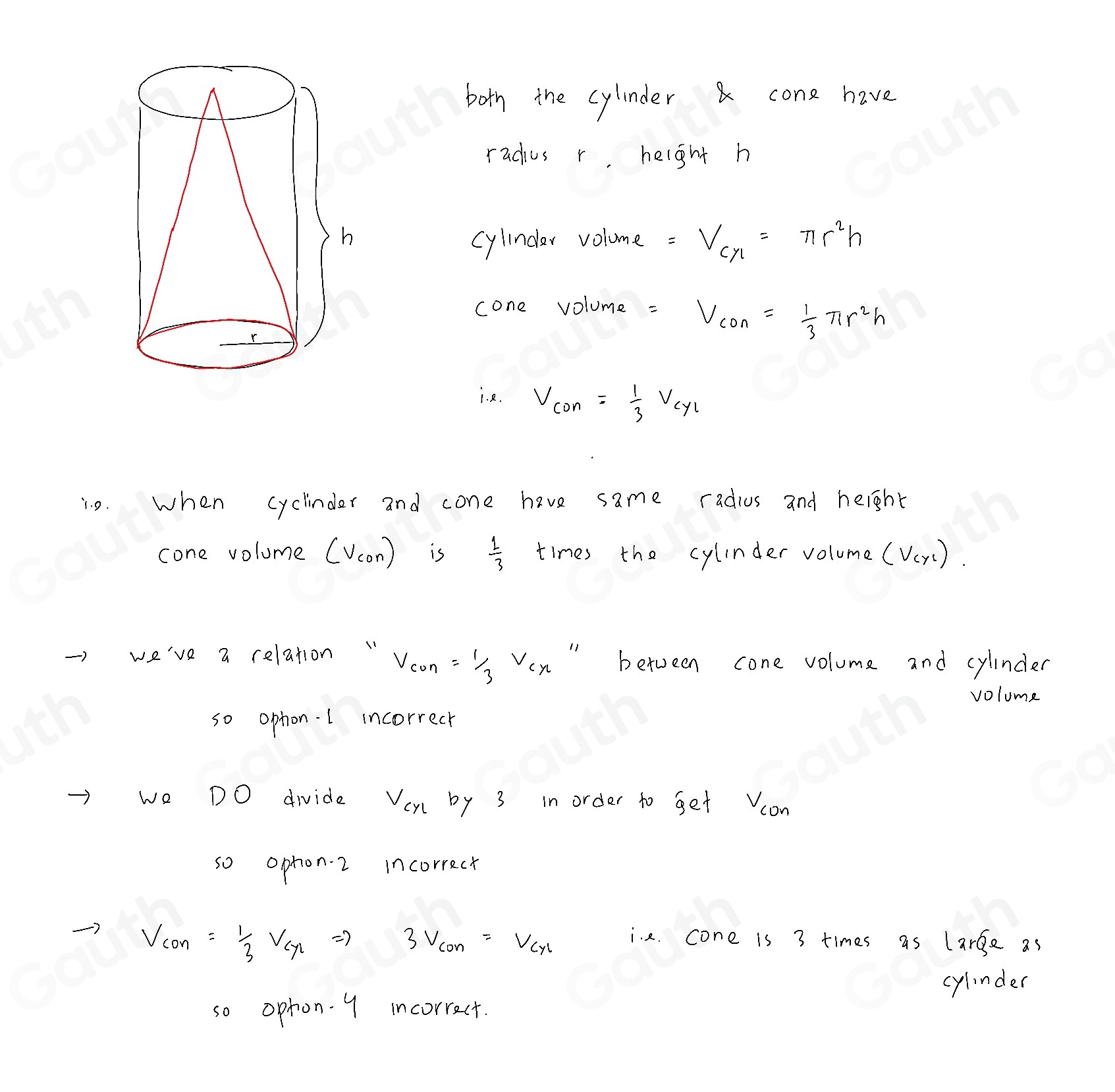 Solved: A cone and a cylinder have the same radius and height, why do I divide the volume of a ...