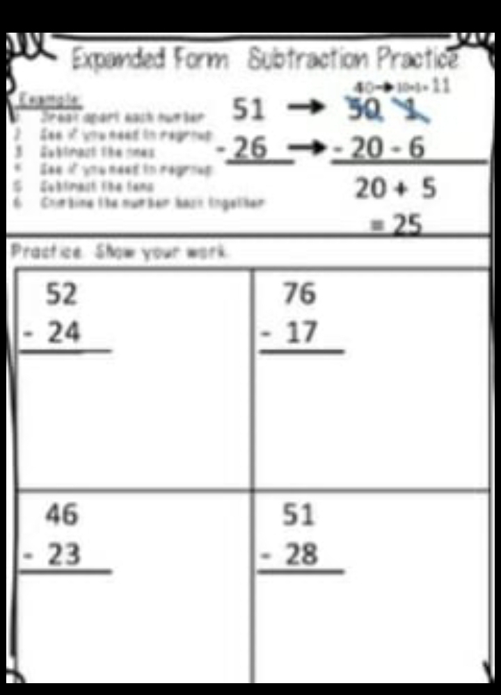 Solved: Expanded Form Subtraction Practice 10to 10· 1· 11 Example Sreat apart each für ler 51 50 ...