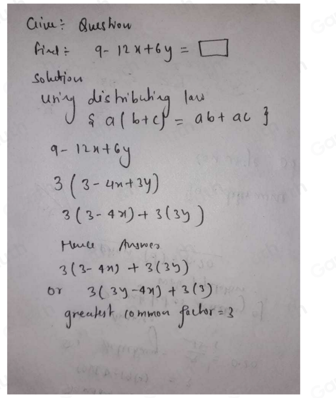 Solved: Apply the distributive property to fact 9-12x+6y= [Math]